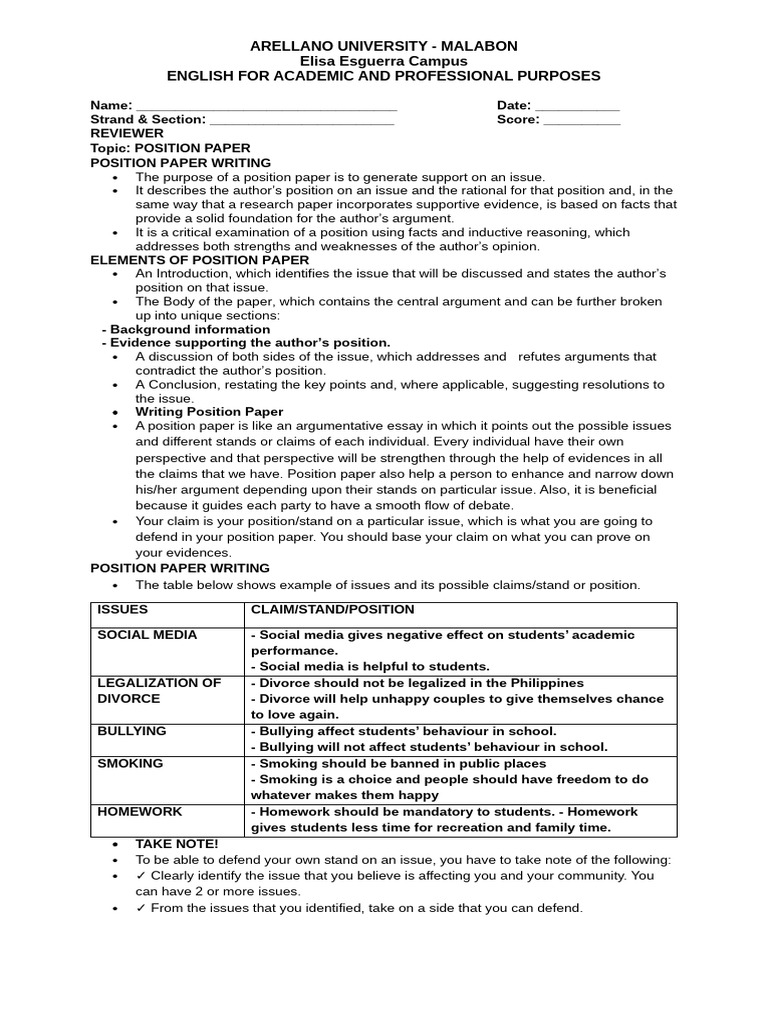 Concept Note EAPP 4TH QUARTER REVIEWER POSITION PAPER WRITING | PDF | Argument | Evidence