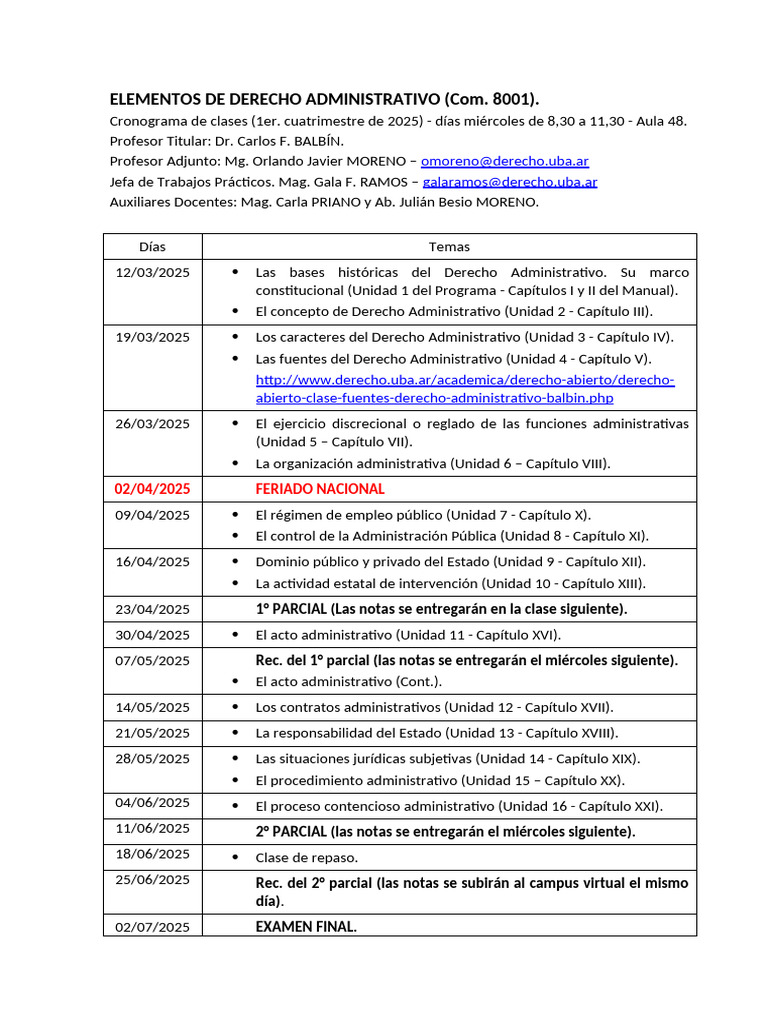 Cronograma de Clases de La Comisi - N 8001 (1er. Cuatrimestre de 2025) DEFINITIVO | PDF | Ley ...