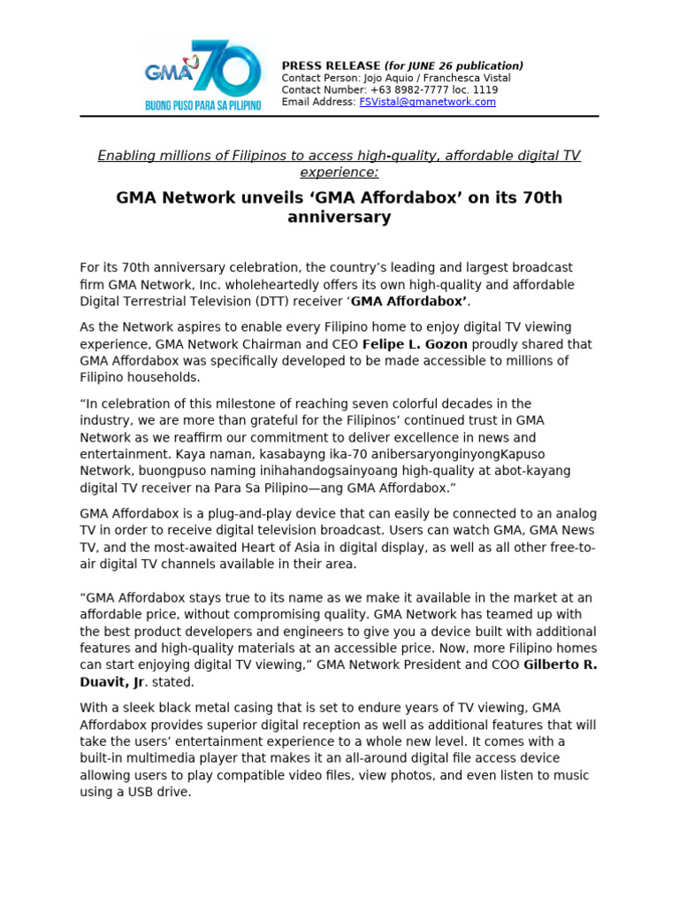 (GMA PR) GMA Network Unveils GMA Affordabox' On Its 70th Anniversary ...