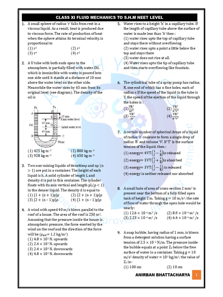 A.B Fluid Mechanics To S.H.M Neet Level Question | PDF | Gases ...