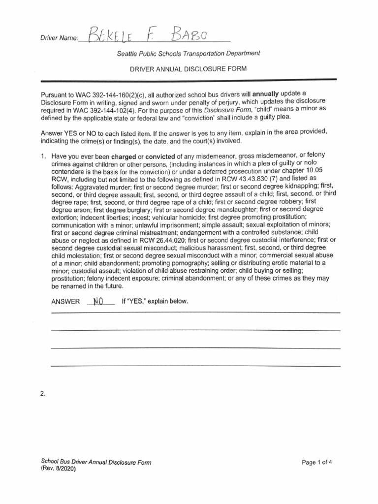 Driver Annual Disclosure Form | PDF