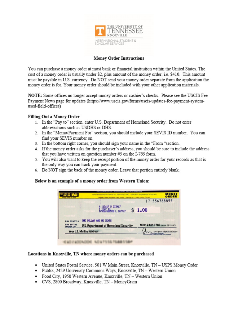 Money Order Instructions For OPT | PDF