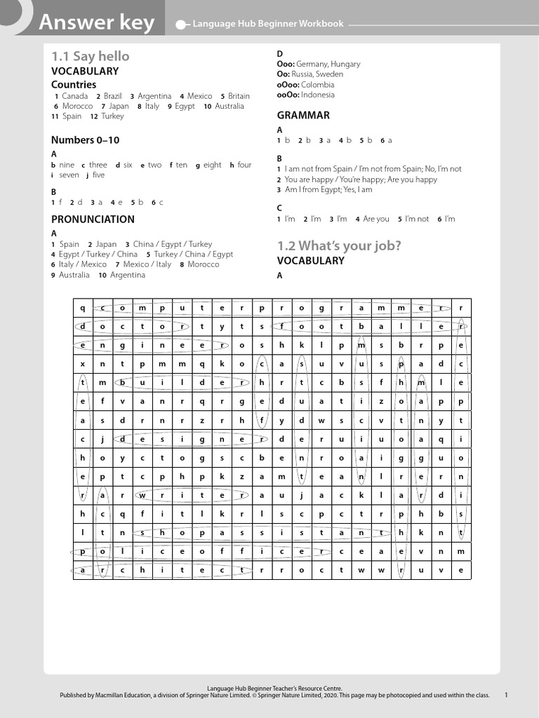 Language Hub Beginner Answer Key | PDF | Lunch | Meal