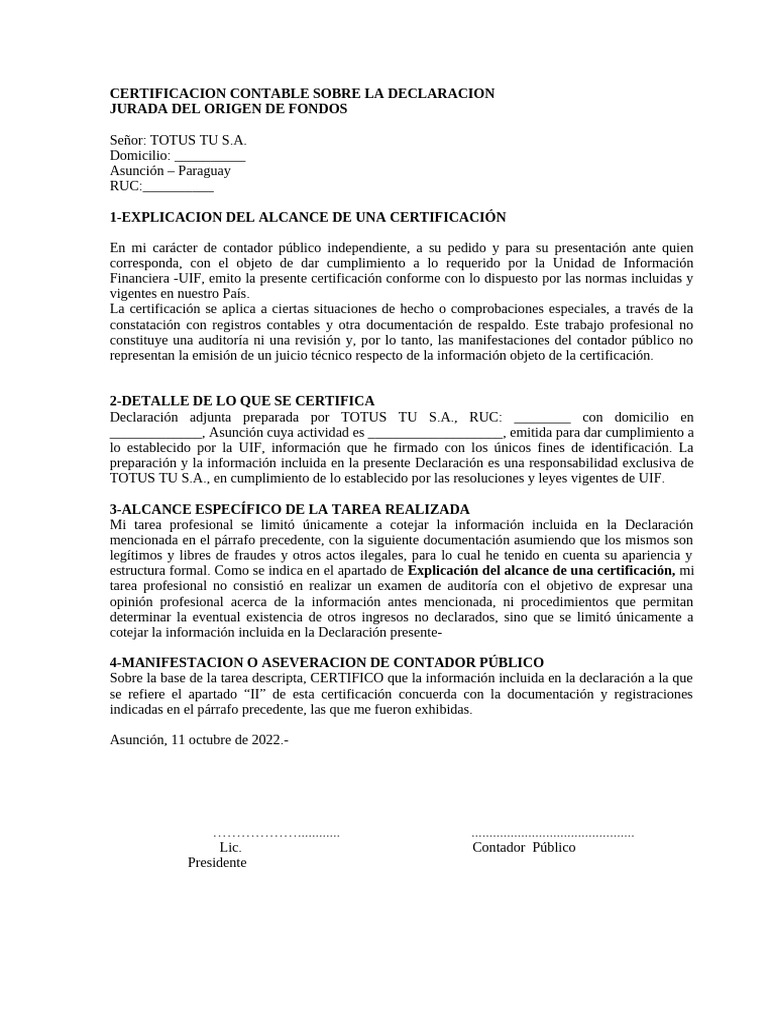 Certificacion MODELO ORIGEN DE FONDOS | PDF | Auditoría | Contador