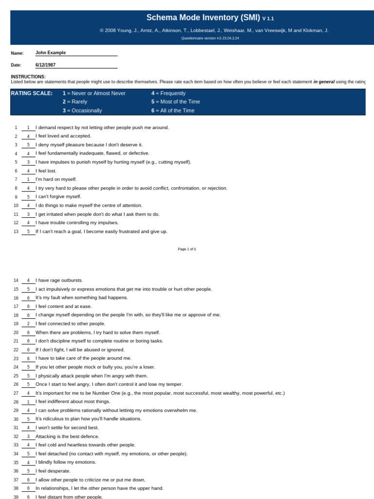 Schema+Mode+Inventory+ (SMI) +Questionnaire+V+4 5 | PDF | Feeling | Anger