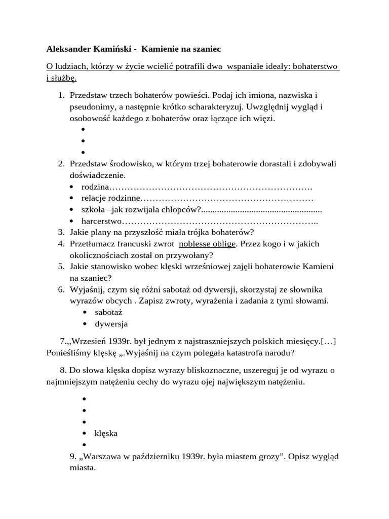 Test Z Lektury Kamienie Na Szaniec Klasa 8 Fizika 10 Klas