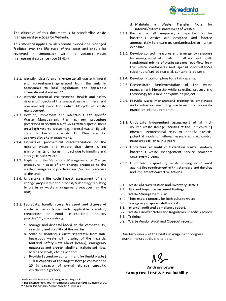 Vedanta Waste Management Standards Guide | PDF | Waste | Waste Management