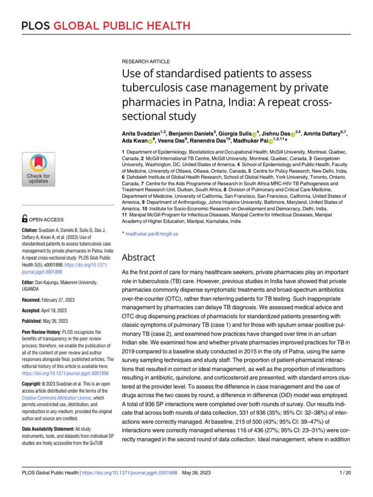 Use of Standardised Patients To Assess T | PDF | Tuberculosis | Pharmacy
