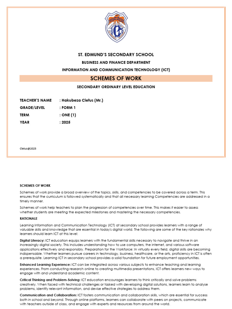 ICT Schemes Form 1 Term 1 - 2025 C.H | PDF | Educational Technology ...