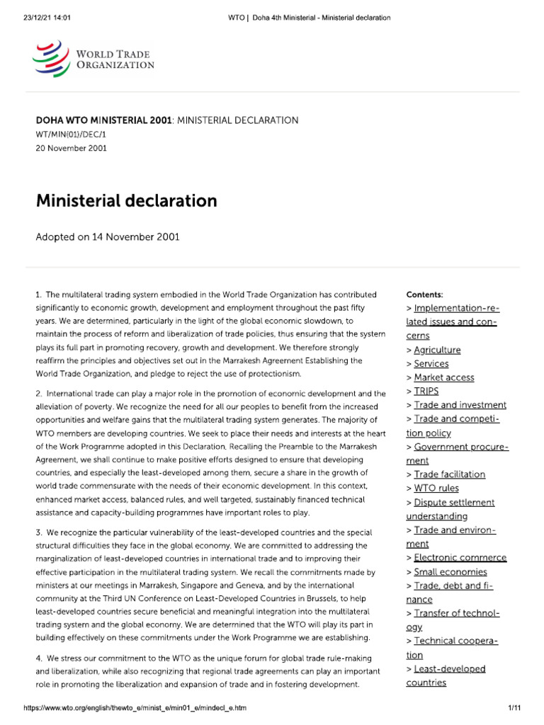 WTO Doha Ministerial Declaration (2011) | PDF