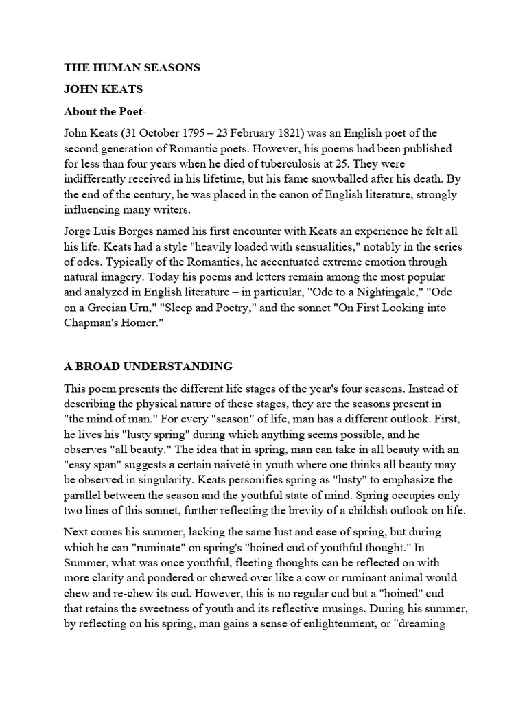 THE HUMAN SEASONS Notes New Images Grade 8 Poem by John Keats para Wise ...