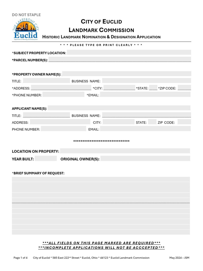 Euclid Historic Landmark Application 2024 | PDF