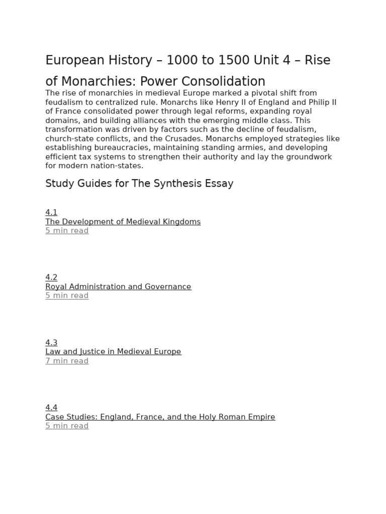 European History - 1000 To 1500 Unit 4 - Rise of Monarchies: Power ...
