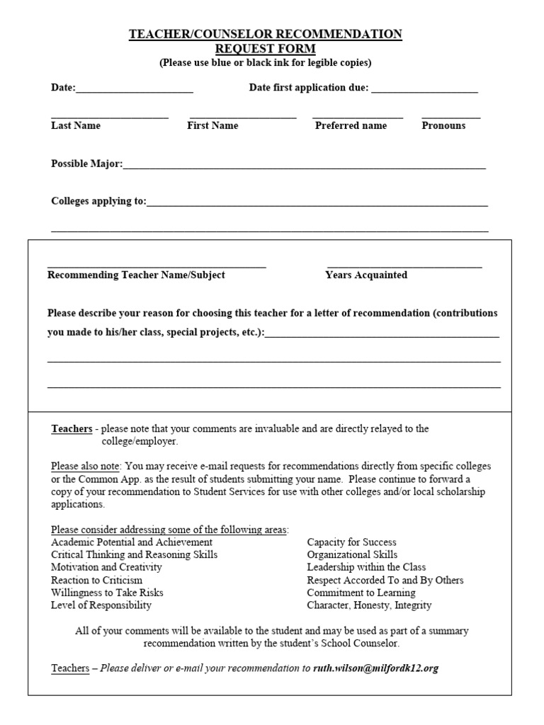 Teacher/Counselor Recommendation Request Form: Please Deliver or E-Mail Your Recommendation To | PDF