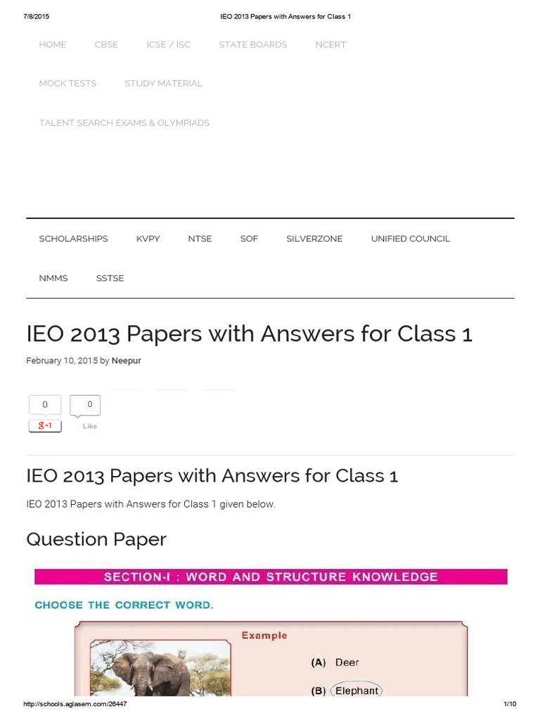 Class 1 - IEO 2013 Papers With Answers For Class 1 | PDF ...