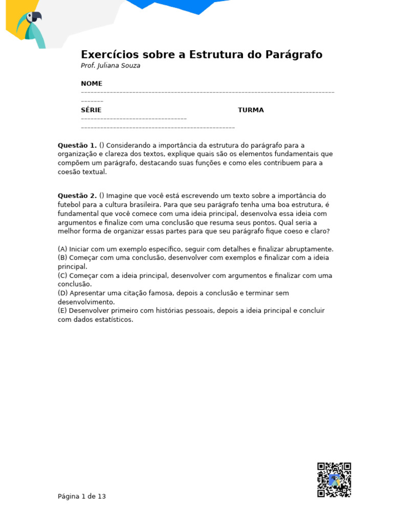 Estrutura do Parágrafo: Exercícios Práticos | PDF | Parágrafo ...