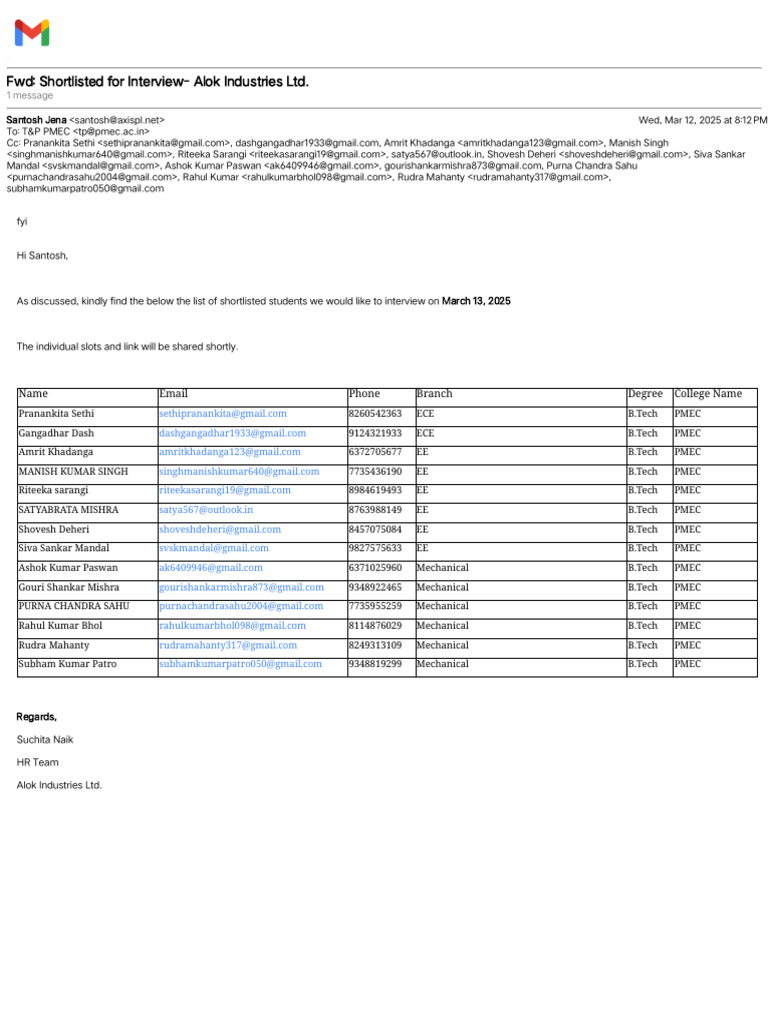 Gmail - FWD - Shortlisted For Interview - Alok Industries Ltd. | PDF