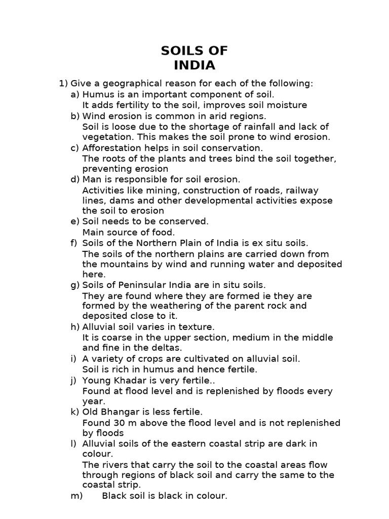 Geo - ICSE Class 10 - SOILS OF INDIA - Revision With Answers | PDF | Soil | Erosion