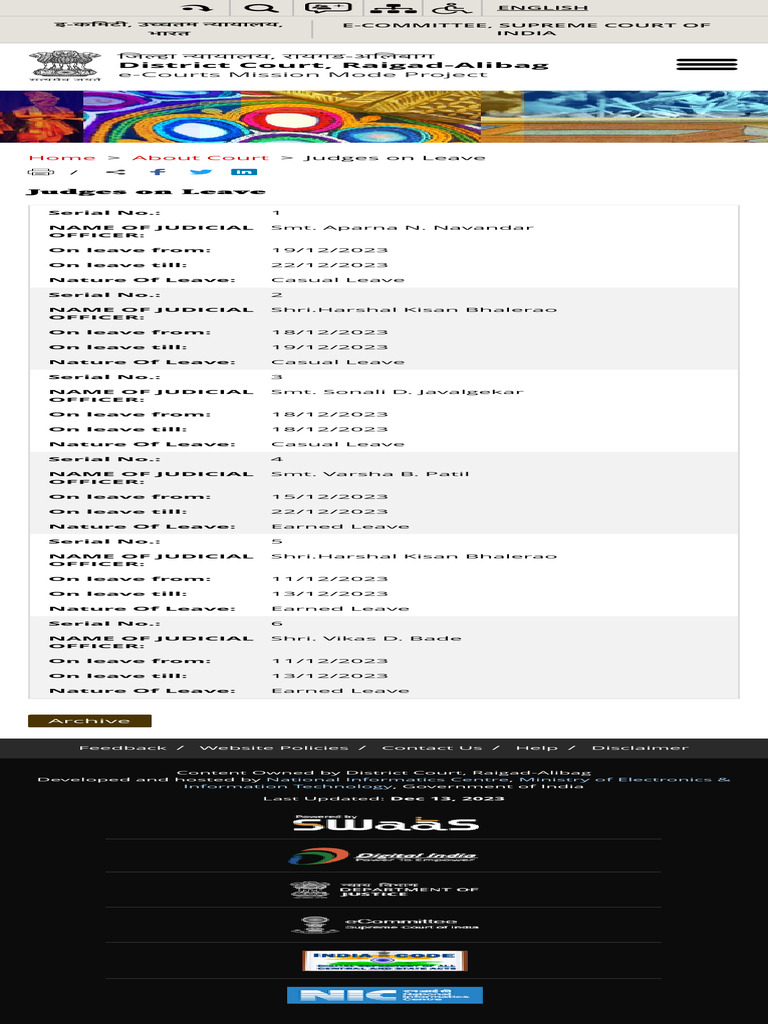 Judges On Leave District Court Raigad-Alibag | PDF