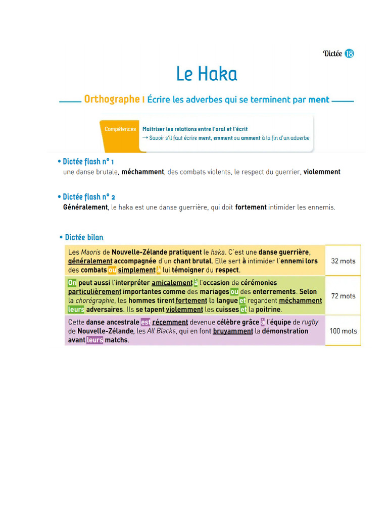 Dictée 18 - Le Haka | PDF