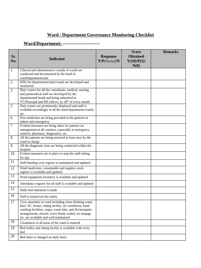 Ward Administrative Checklist | PDF | Health Care | Medicine
