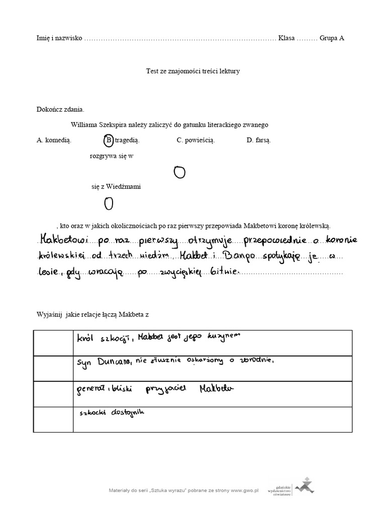 Test Makbet Szekspira A 1 PDF | PDF