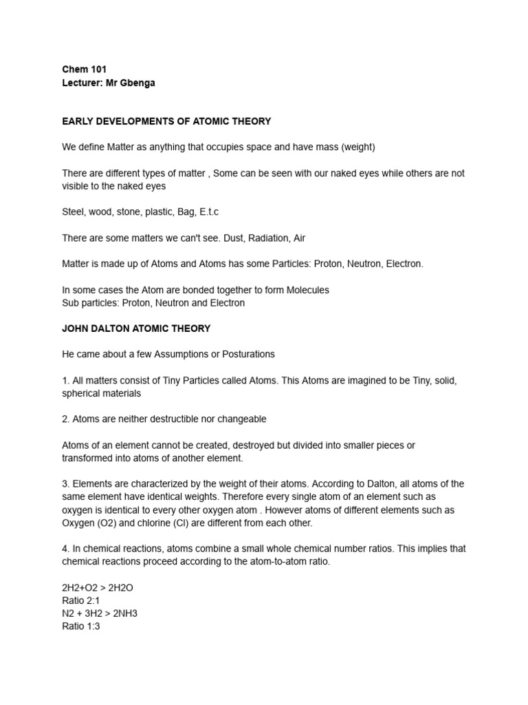 Chem 101 Lecture Note by Dominion (Feb 21) | PDF | Atoms | Matter