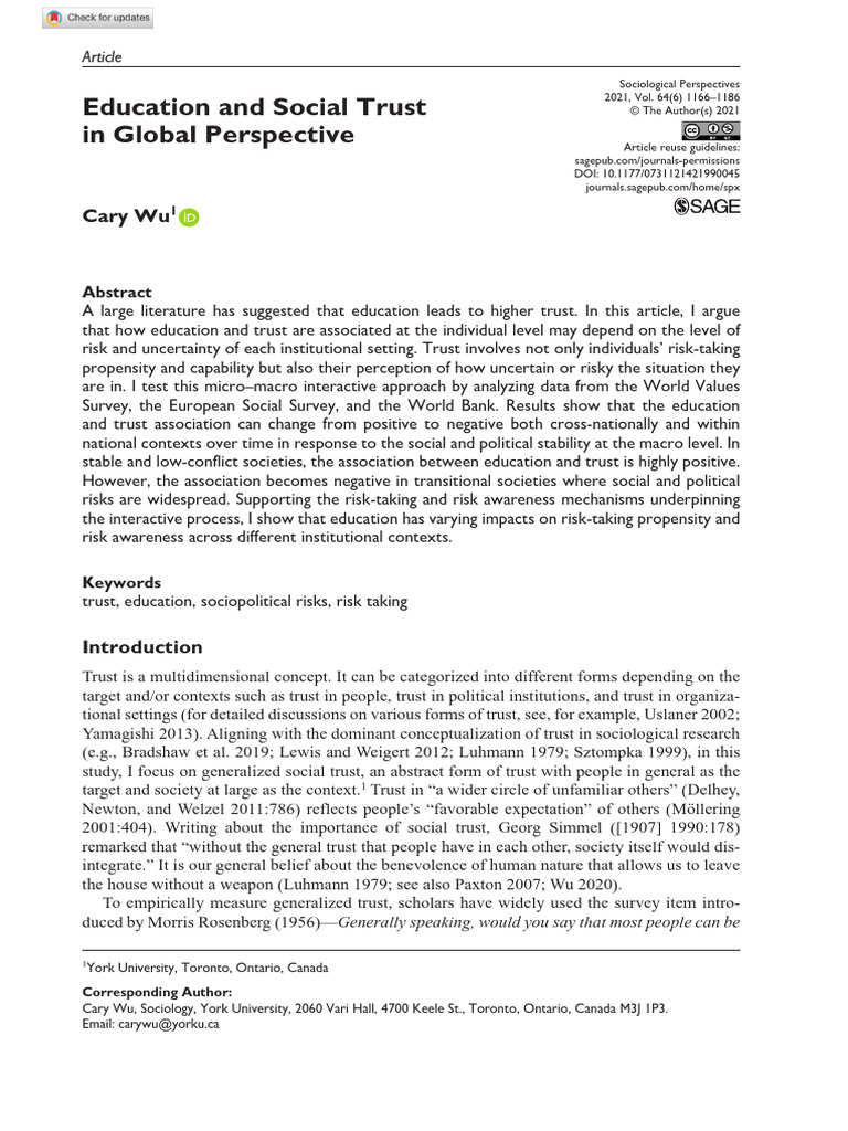 Wu 2021 Education and Social Trust in Global Perspective | PDF | Risk ...