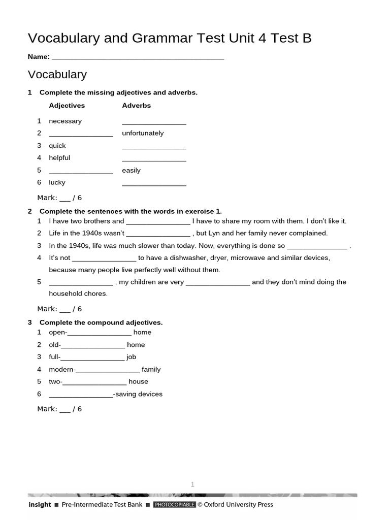 Unit 4 Vocabulary & Grammar Test B | PDF | Adverb | Linguistic Typology