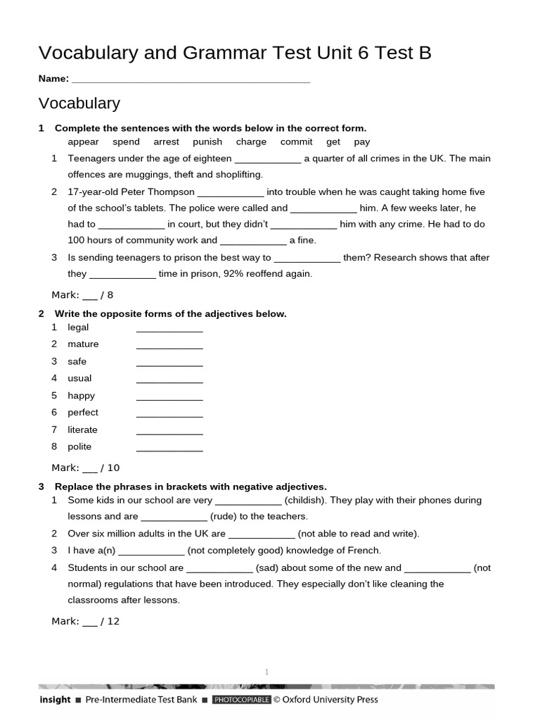 Vocabulary + Grammar Unit 6 Test B | PDF | Robbery | Syntax