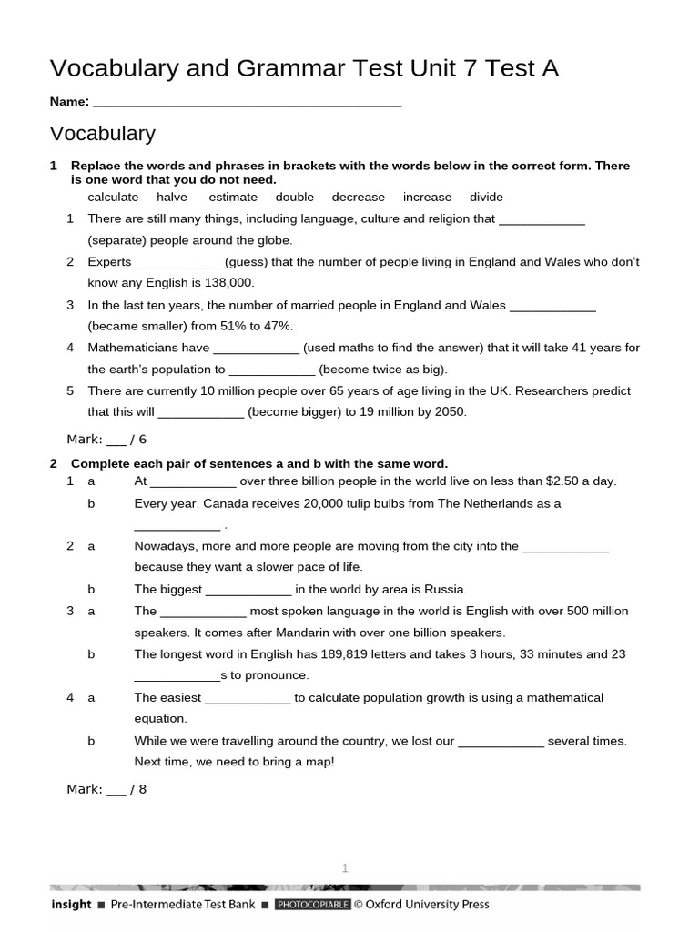 Vocabulary and Grammar Test Unit 7 | PDF | English Language | You Tube