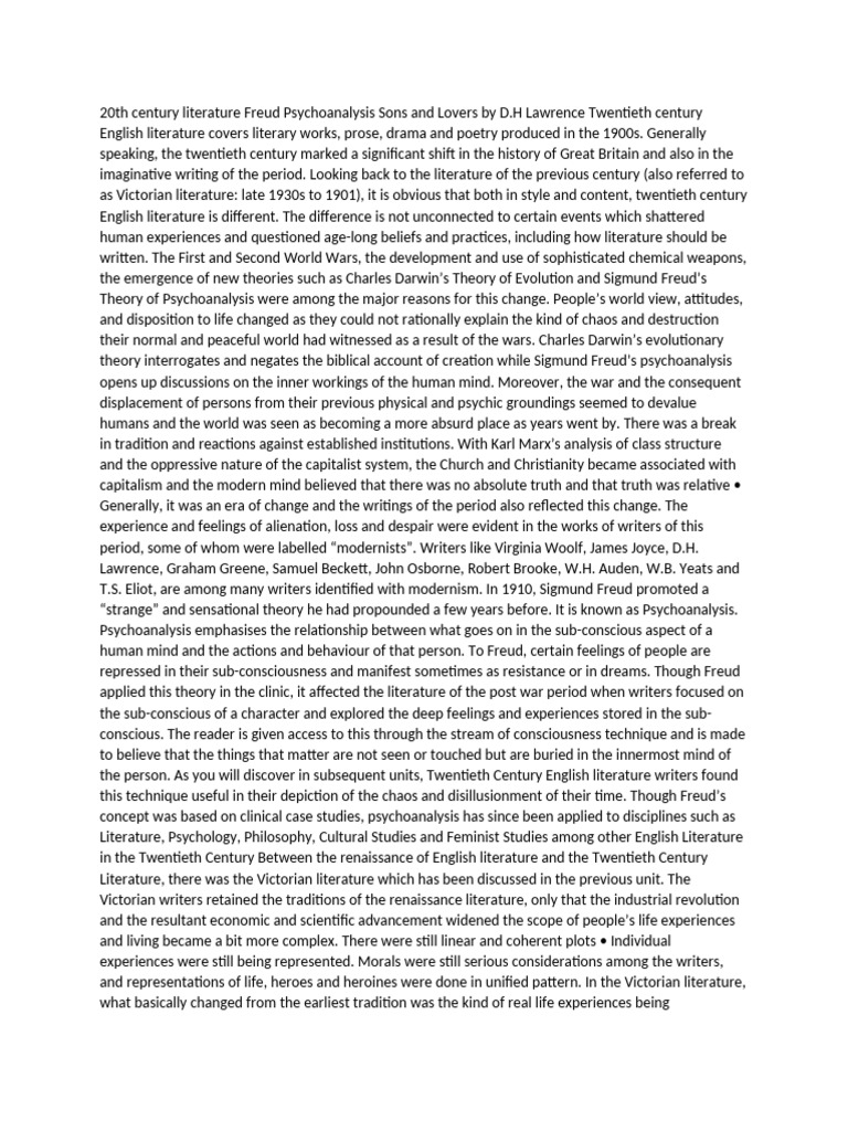 20th Century Literature Freud Psychoanalysis Sons and Lovers by D | PDF ...