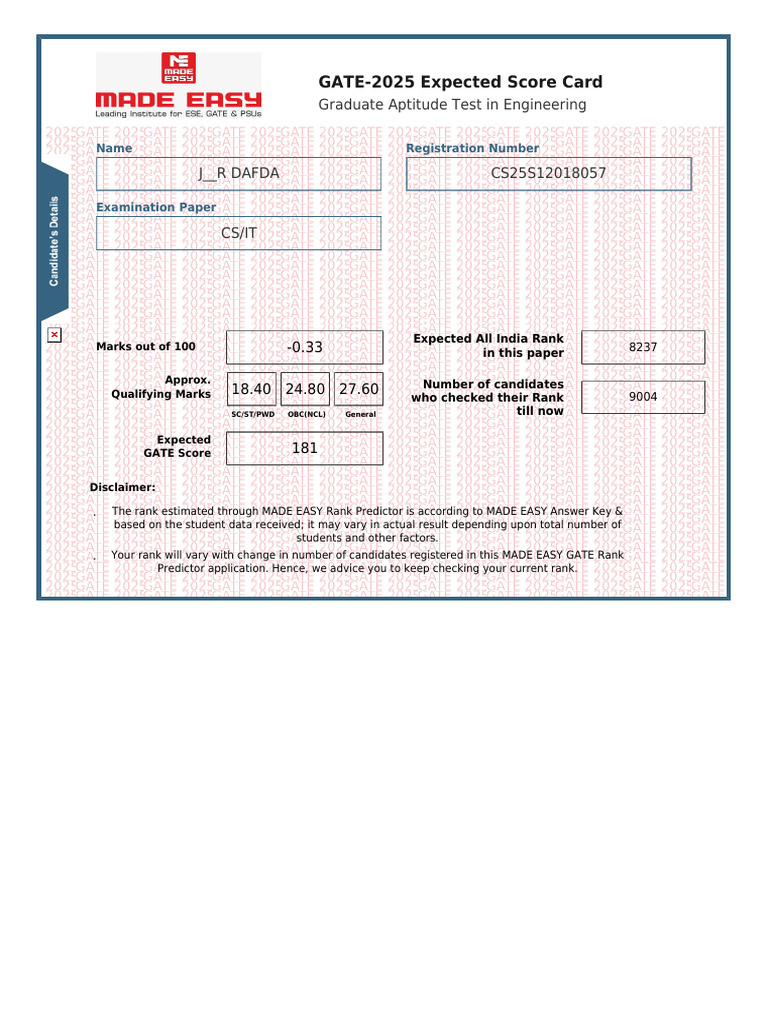 GATE 2025 Expected Score Card | PDF