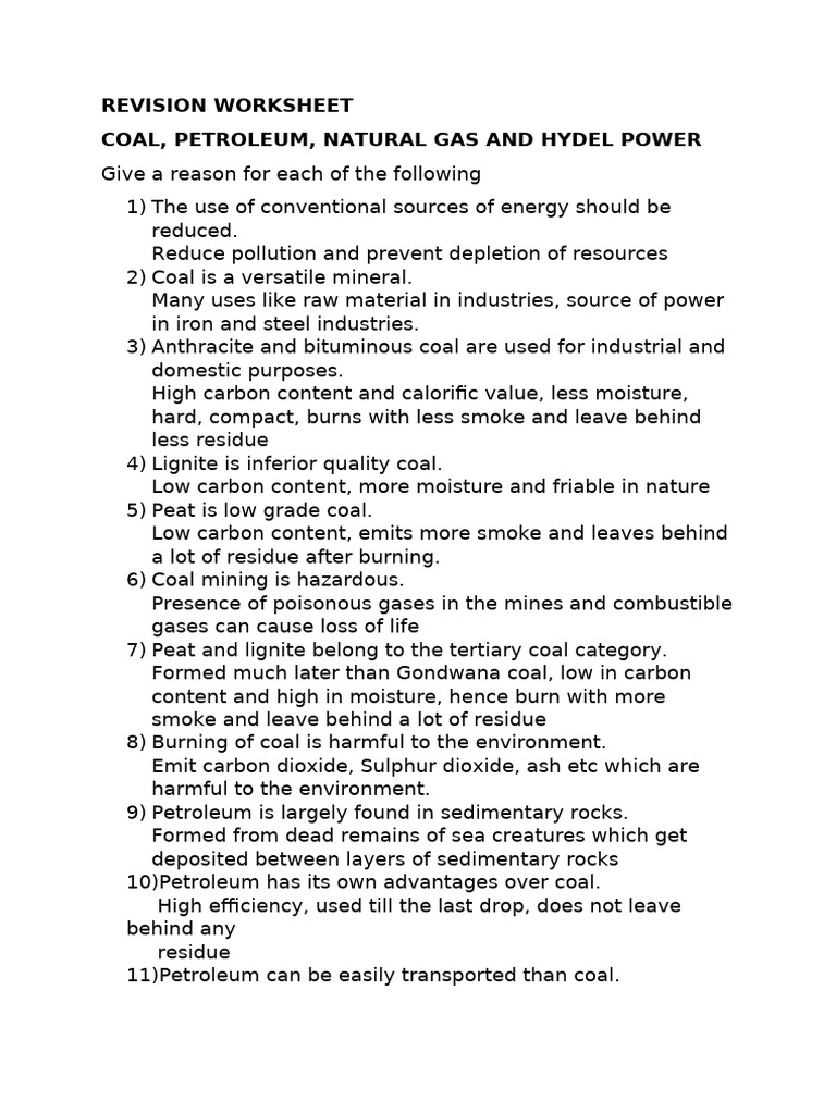 Revision Worksheet - Coal Pertroleum Natural Gas and Hydel Power | PDF ...