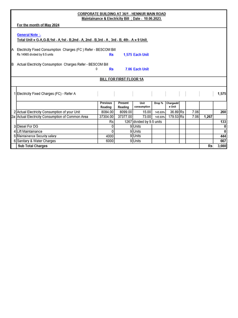 May 2024 Electricity & Maintenance Bill | PDF