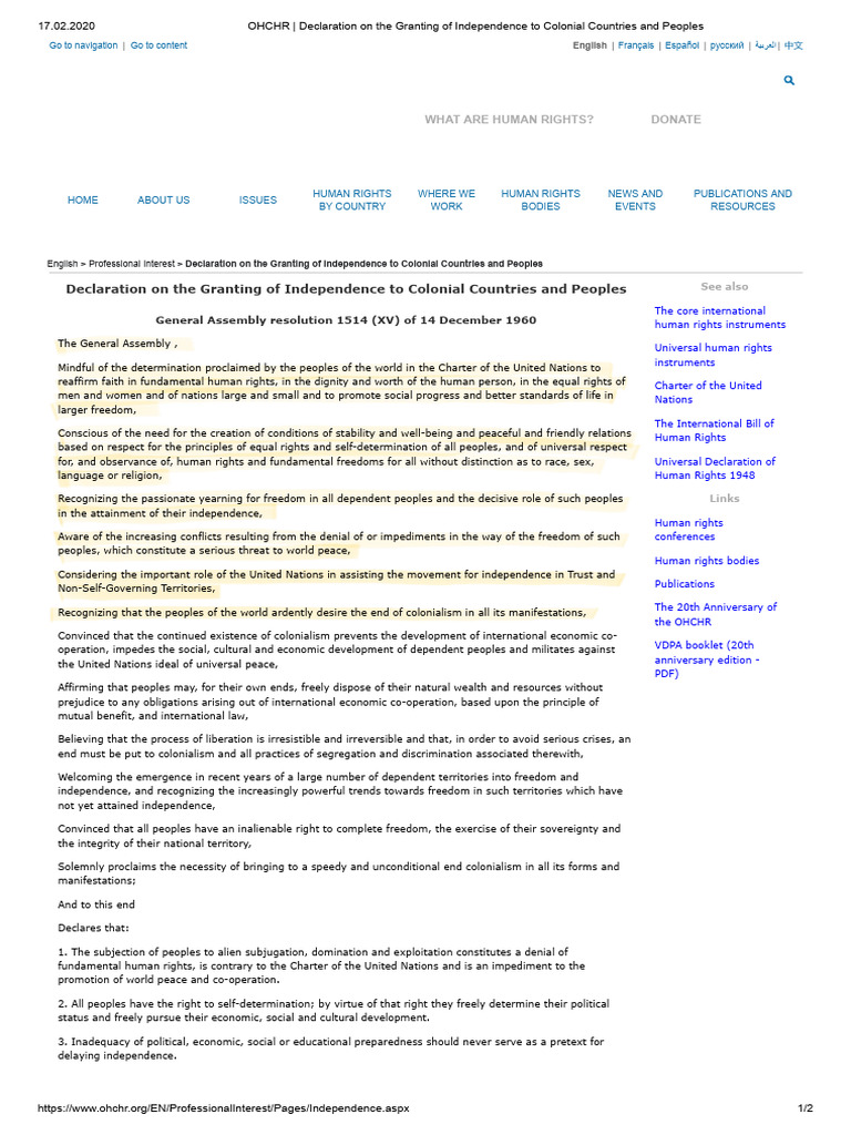 OHCHR - Declaration On The Granting of Independence To Colonial Countries and Peoples | PDF ...