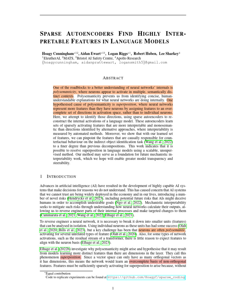 Sparse Autoencoders Find Highly Interpretable Features In Language Models Pdf Computational