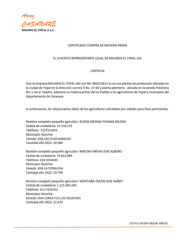 Certificacion Compra Materia Prima - Miguel Fiaga | PDF