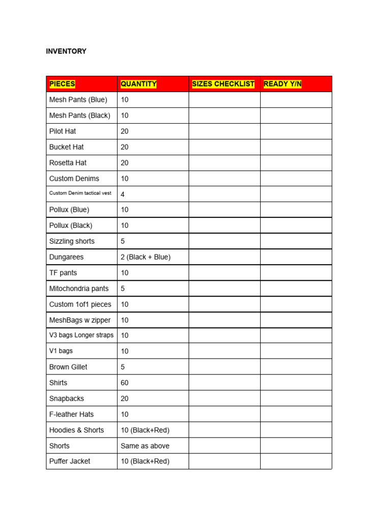 Inventory For Pop - Up | PDF