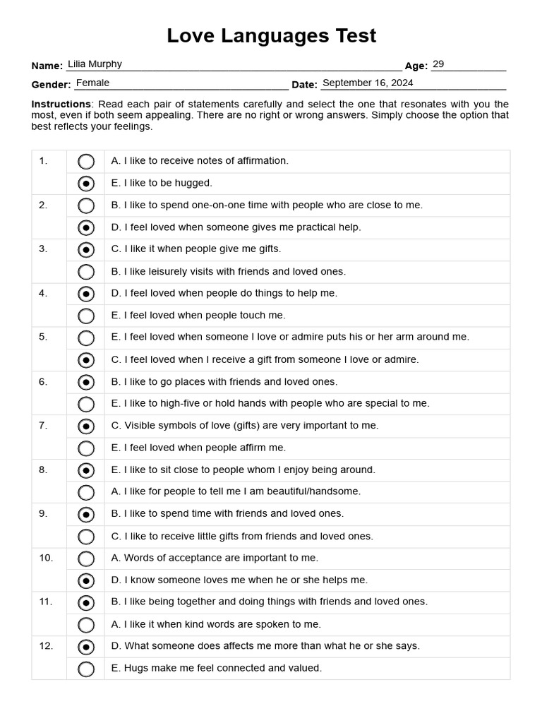 Love Languages Assessment Test | PDF | Love | Social Psychology