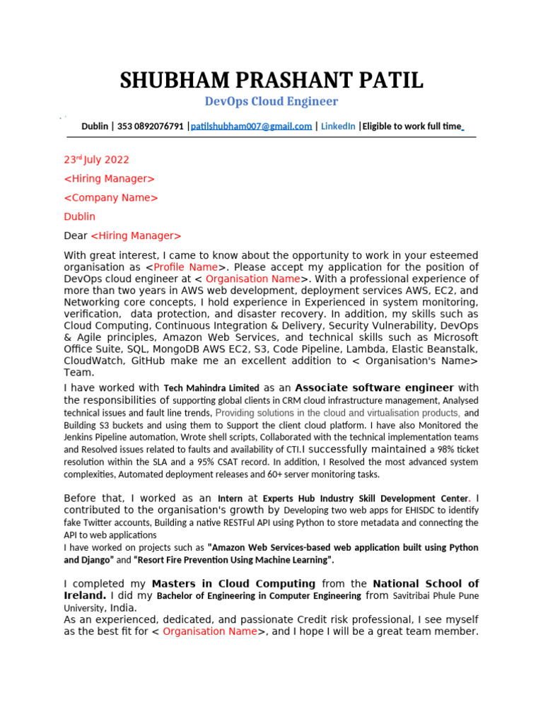 Shubham Patil Cover Letter - Edited | PDF | Cloud Computing | Amazon Web Services