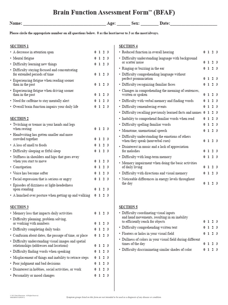 Brain Function Assessment Questionnaire | PDF | Diseases And Disorders