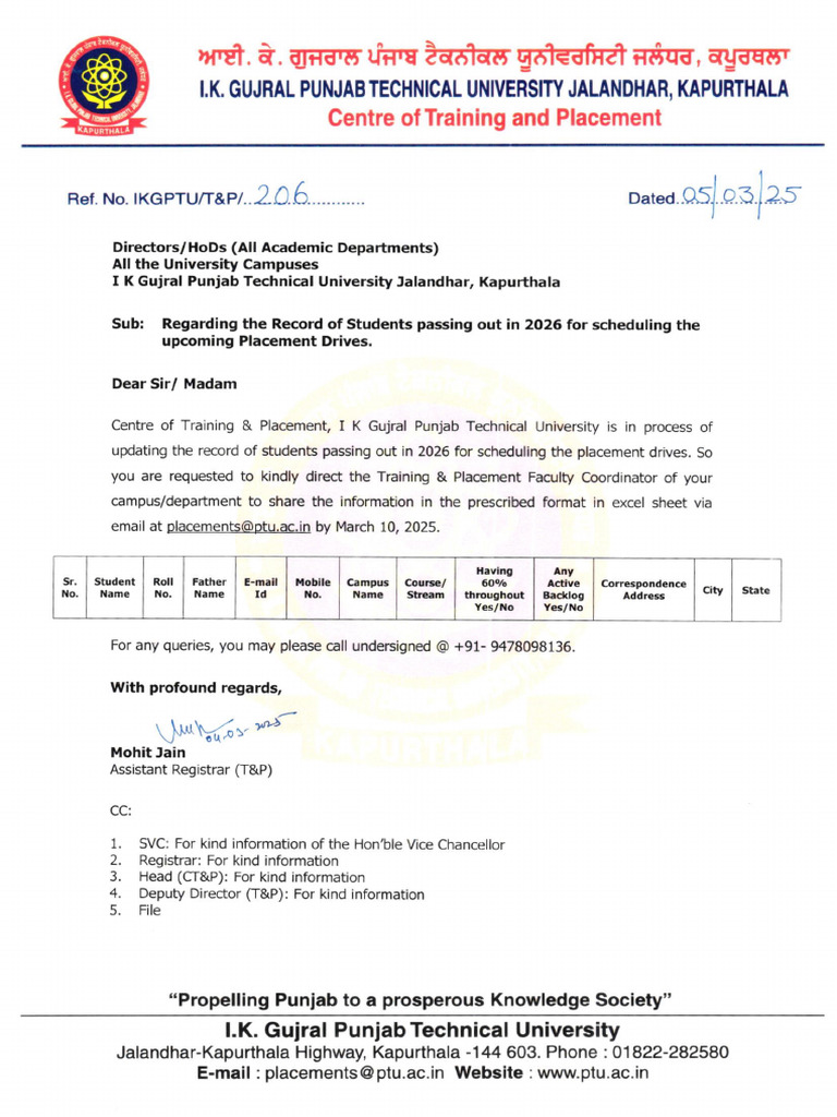 Student Placement Record Update 2026 | PDF