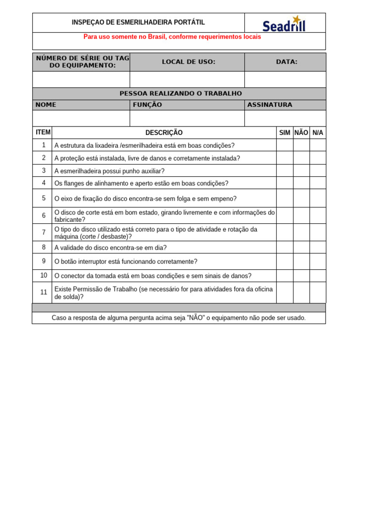 FRM-00-0110 Angle Grinder Pre-Use Inspection Checklist - Port.. | PDF