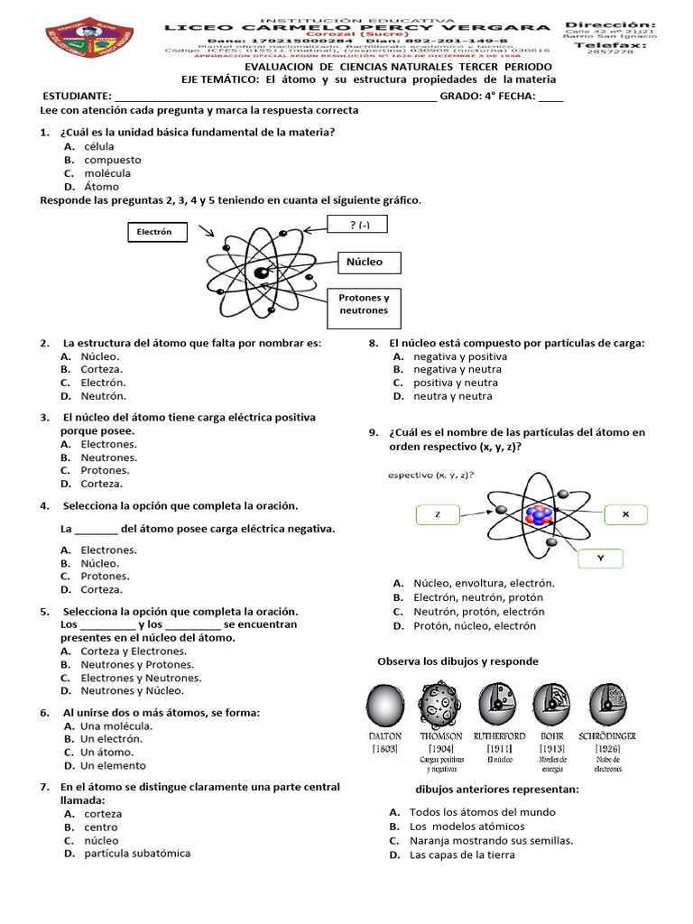 EVALUACION EL ATOMO 4° | PDF | Núcleo atómico | Neutrón