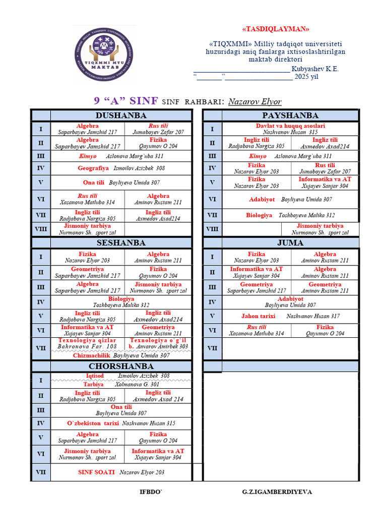 Weekly Class Schedule for Students | PDF