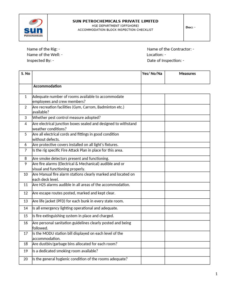 Accomodation Block Checklist | PDF | Safety
