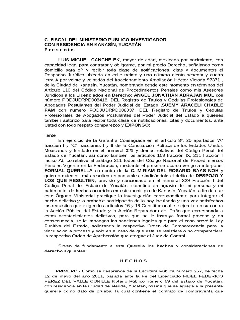 Querella Despojo | PDF | Queja | Propiedad