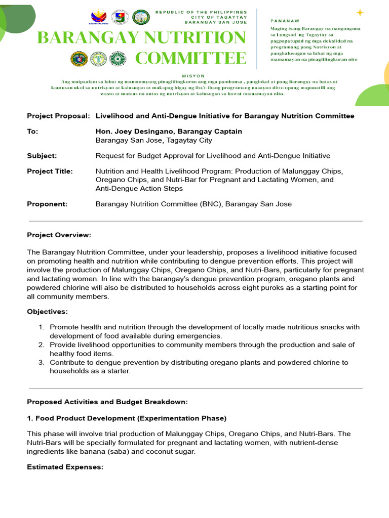 Project Proposal Livelihood and Anti-Dengue Initiative For Barangay Nutrition Committee | PDF ...