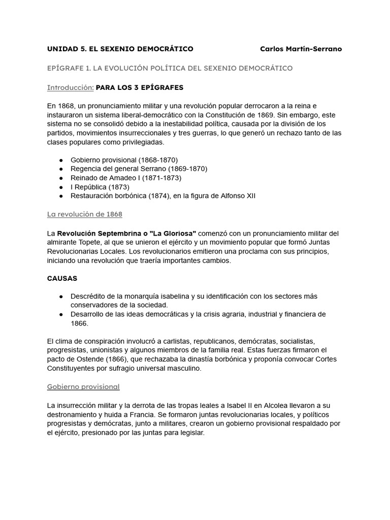UNIDAD 5. EL SEXENIO DEMOCRÁTICO | PDF